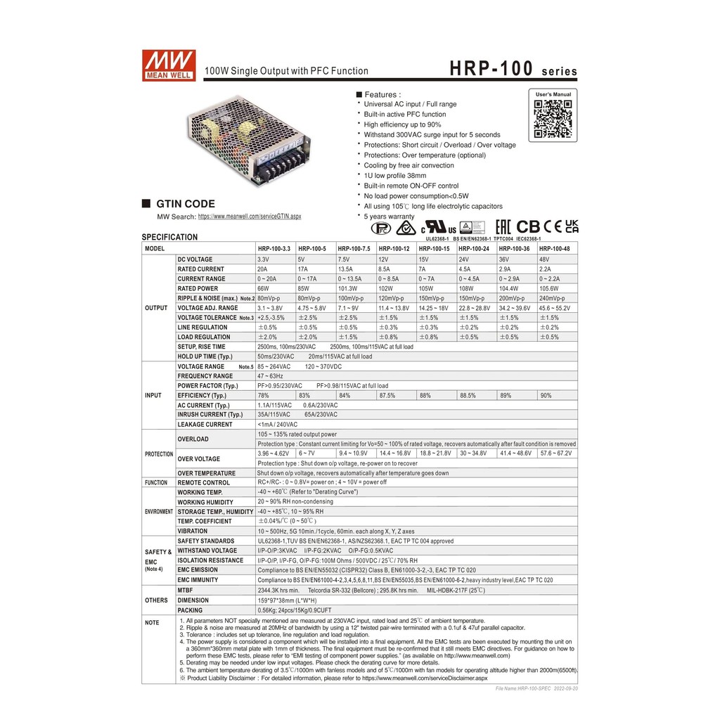 MEAN WELL HRP-100 HRP-100-12 12V 8.5A 100W Single output with PFC function switching power ...