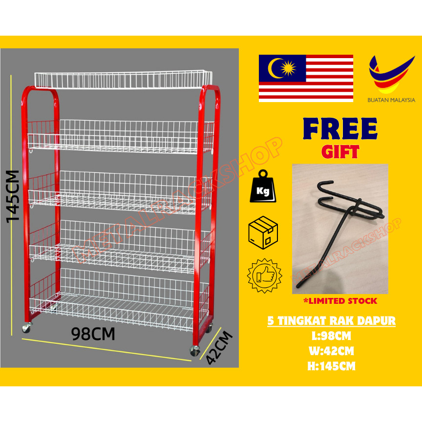 555 Heavy Duty 5 Tier Rack/Dish Rack with roller/Rak dapur/Rak pinggan ...