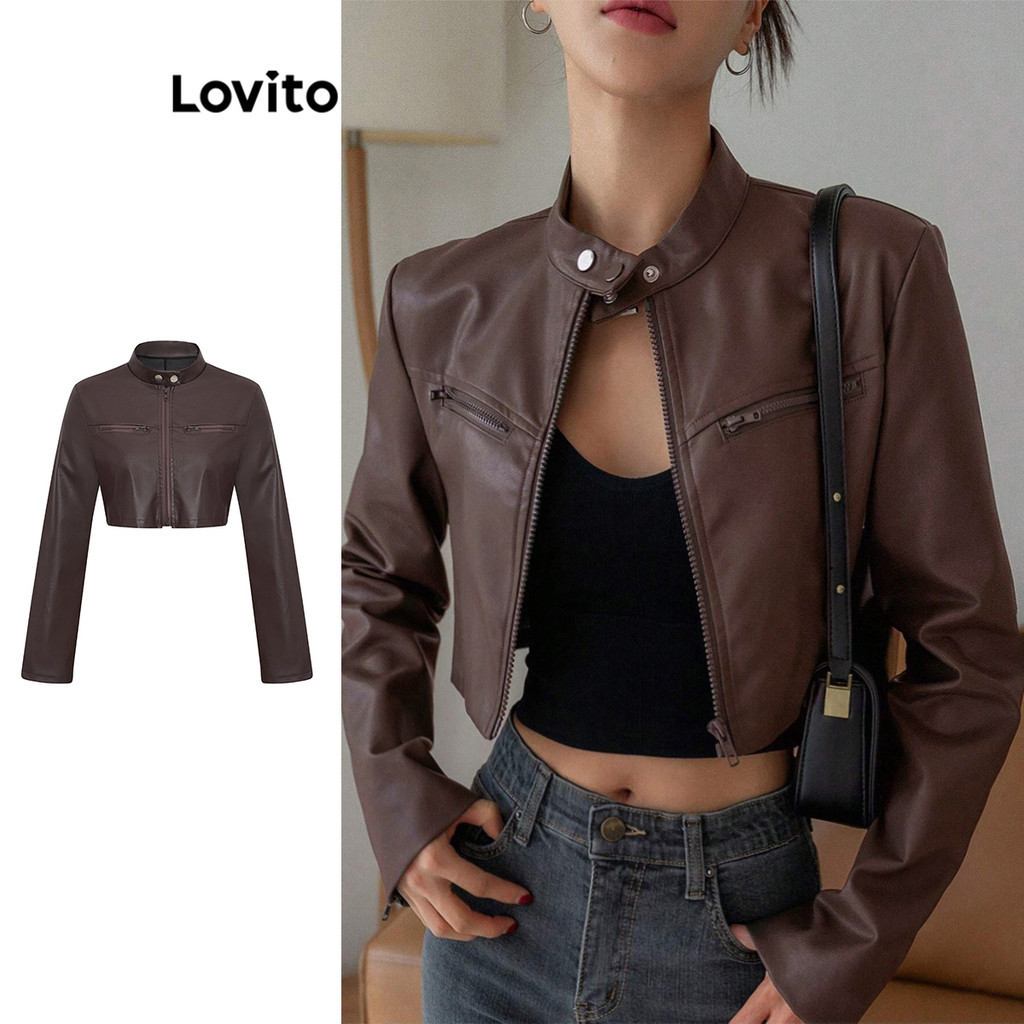 Lovito Casual Jacket Plain Zipper Spiked Jacket for Women L106AD280 ...