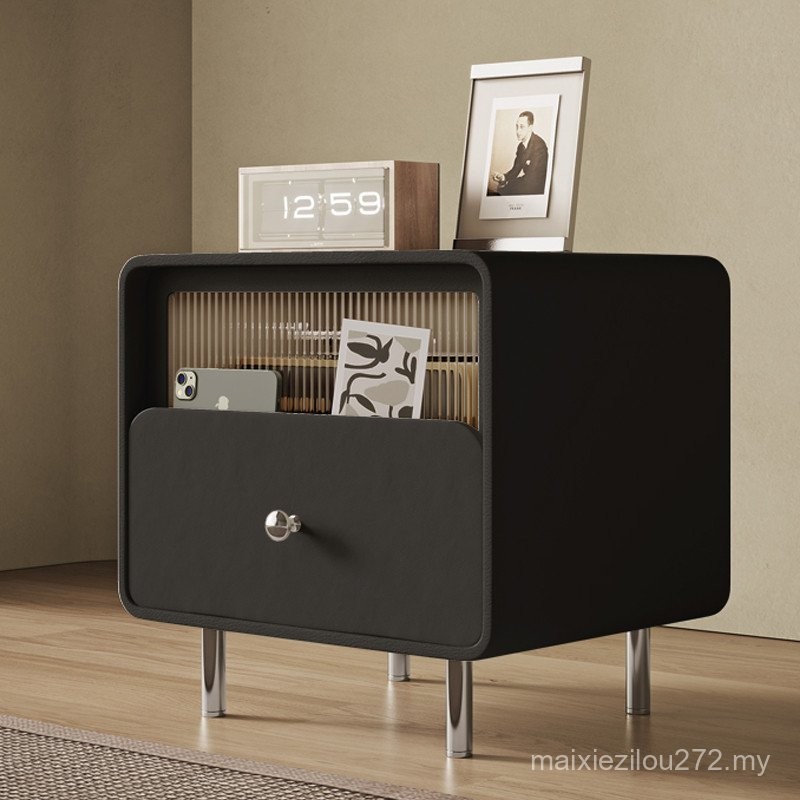 High-End Feeling Solid Wood Bedside Table Black Leather Medieval Style ...
