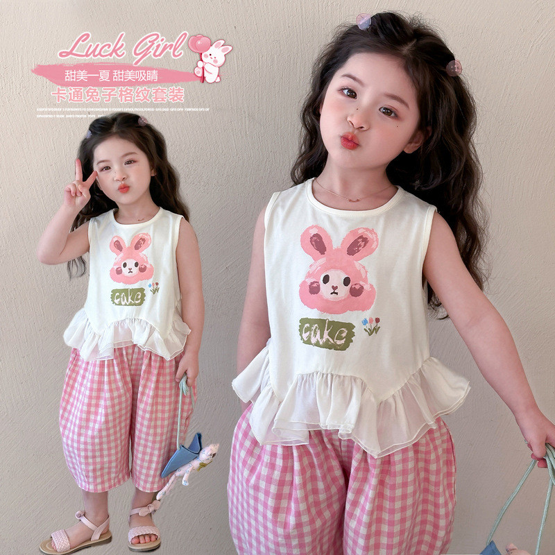 Ada Stok Set Bunny Girls 2025 Musim Panas Patchwork Vest Seluar Kotak ...