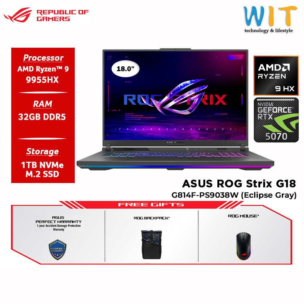 ASUS ROG Strix G18 G814F-PS9038W (AMD Ryzen 9-9955HX/32GB RAM/1TB SSD/RTX5070 8GB/18.0''WQXGA ...
