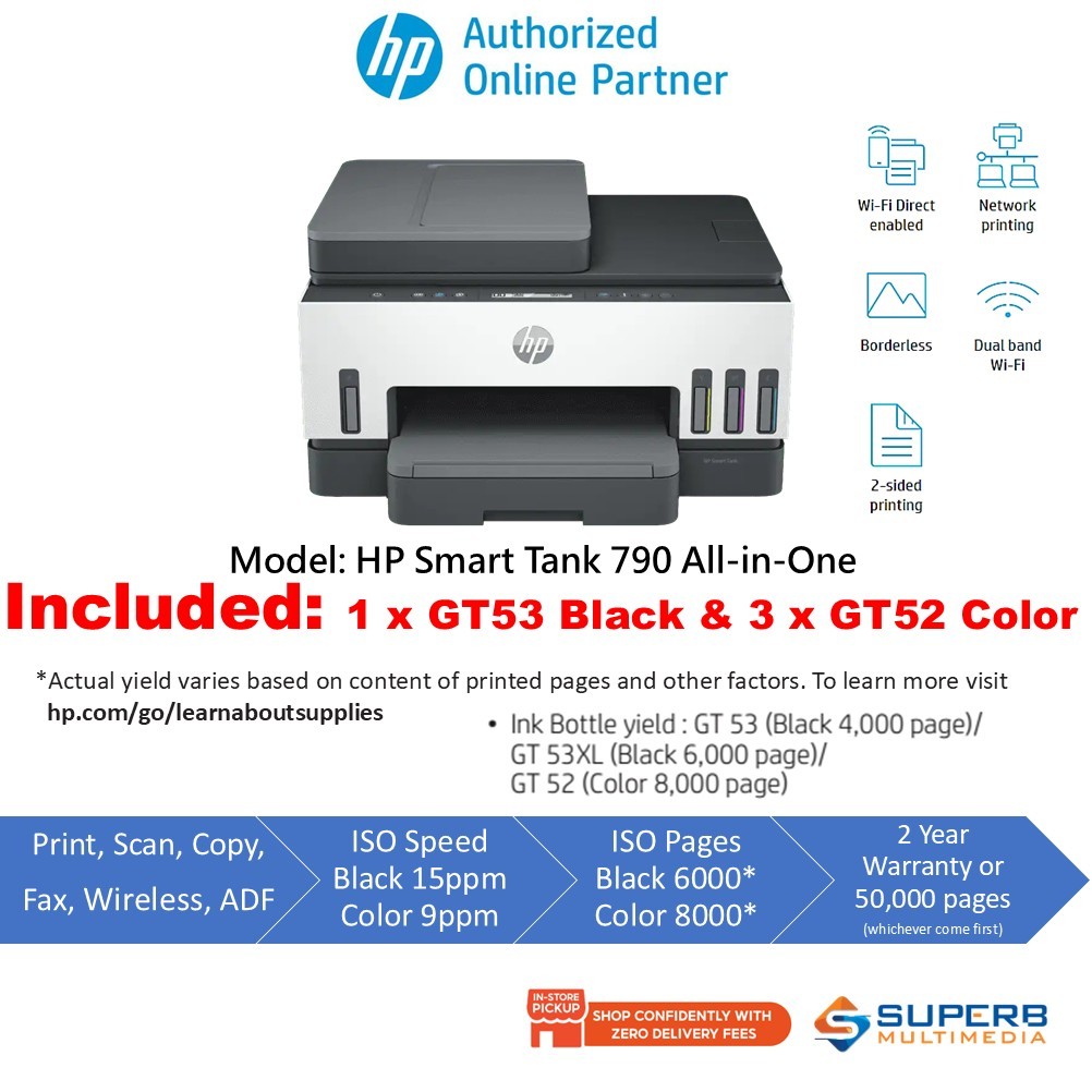 HP Smart Tank 790 All-in-One Printer (Print, Scan, Copy, Fax, Auto ...