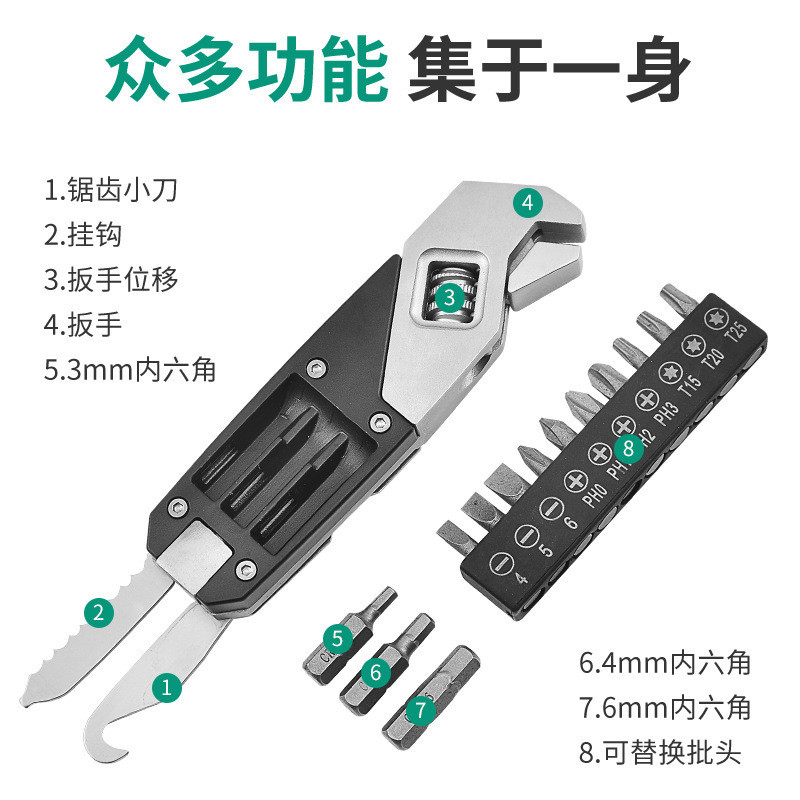 Foldable Hexagon Socket Multi-Function with Screw Stainless Steel Adjustable Wrench EDC Multi ...