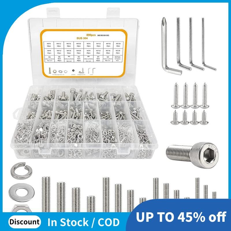 890Pcs M3-M6 Screw Assortment, Socket Head Cap Screws Hex Head Screws ...