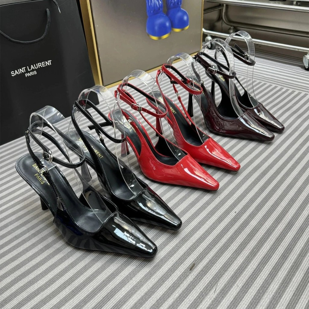 Pointed Toe Patent Leather Laced-Up Stiletto Sandals - Black High Heels ...