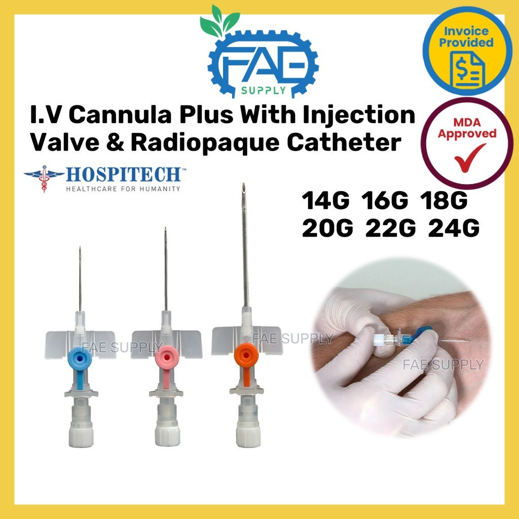 Hospitech IV Cannula Plus With Injection Valve & Radiopaque Catheter 14G 16G 18G 20G 22G 24G ...