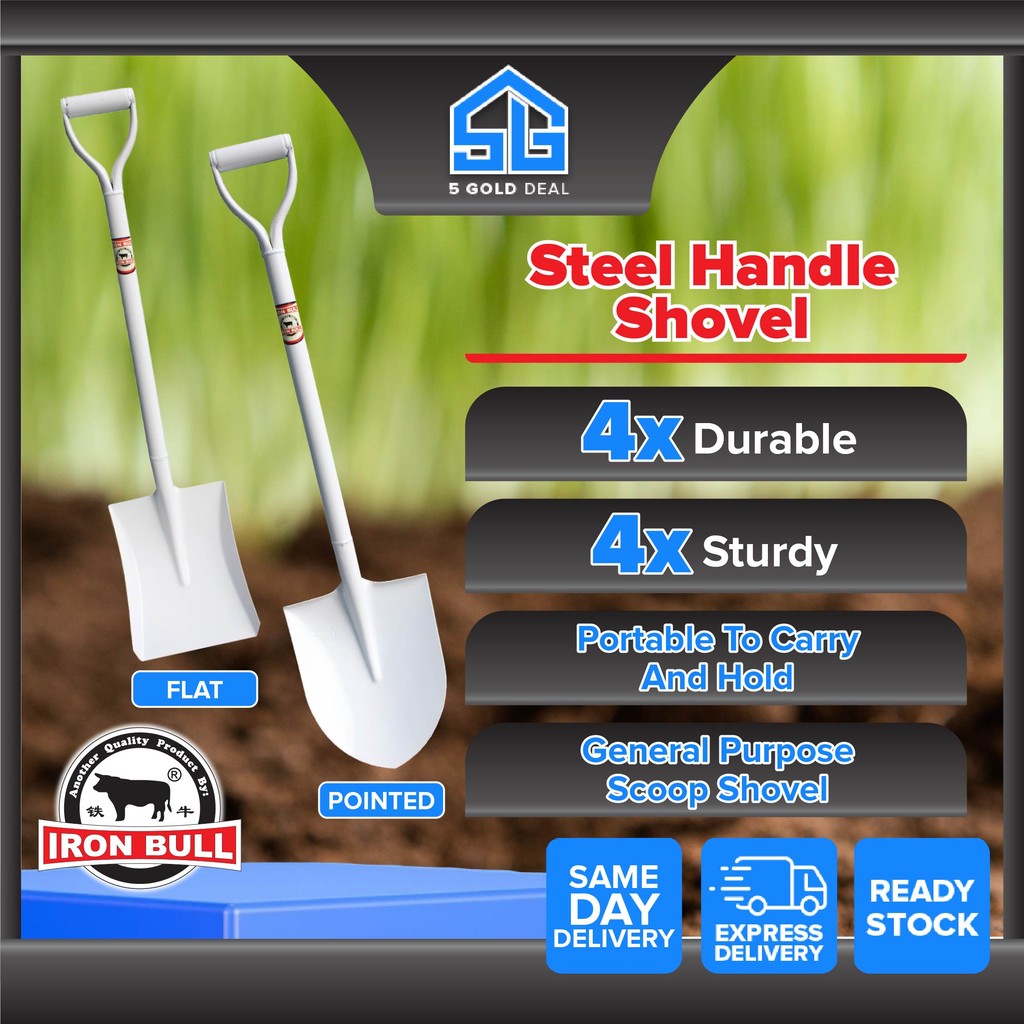 IRON BULL Pointed Flat Shovel With Steel Handle Sand Rock Garden Spade ...