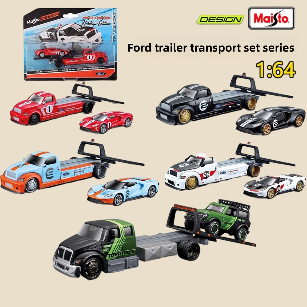 Maisto 1:64 Ford Transporter Flatbed Truck & Race Car Diecast Model Set ...