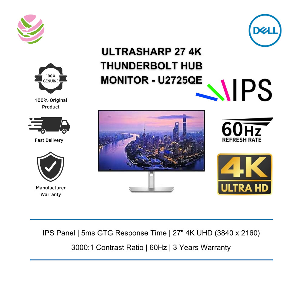 Dell UltraSharp 27 4K Thunderbolt Hub Monitor - U2725QE (IPS, 60Hz, 4K UHD, 3840x2160, HDMI/DP ...