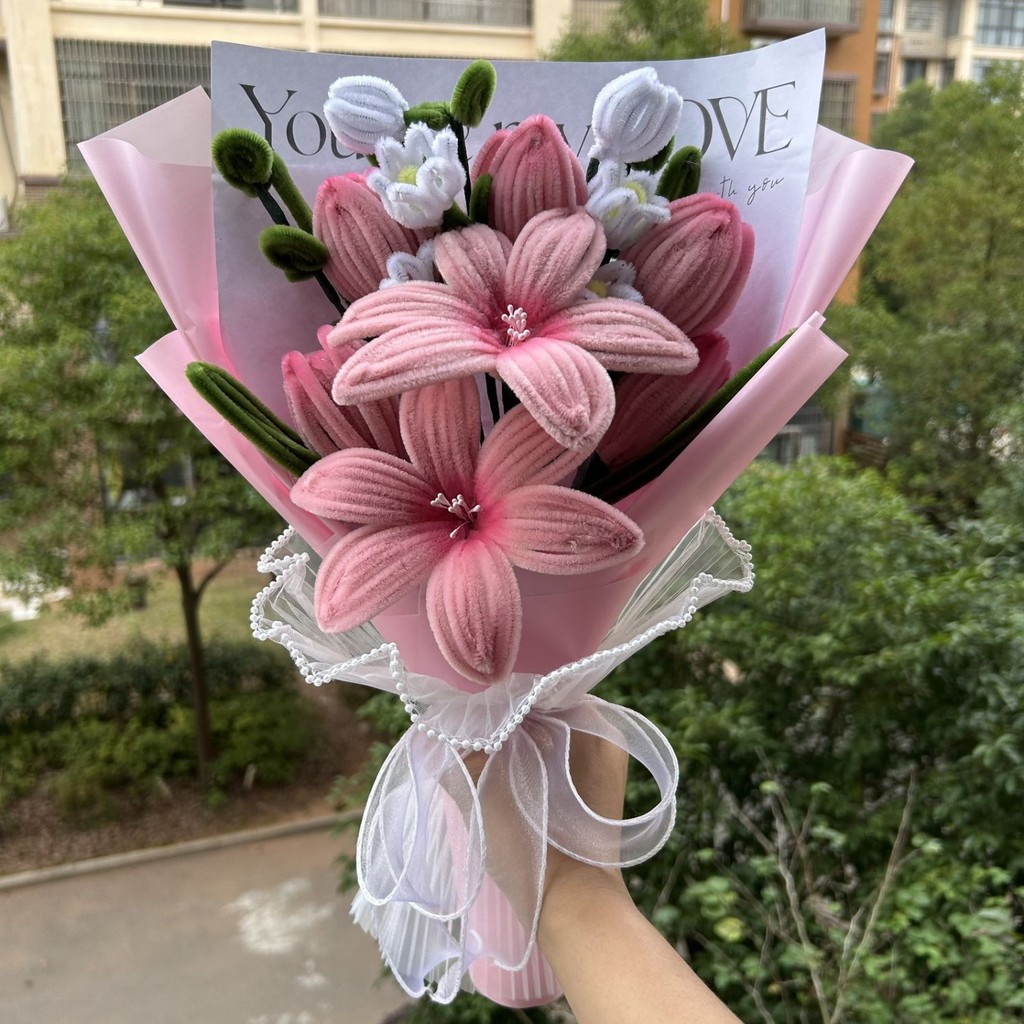 Tulip Lily Finished Bouquet Complete Handmade Chenille Stems Flowers ...