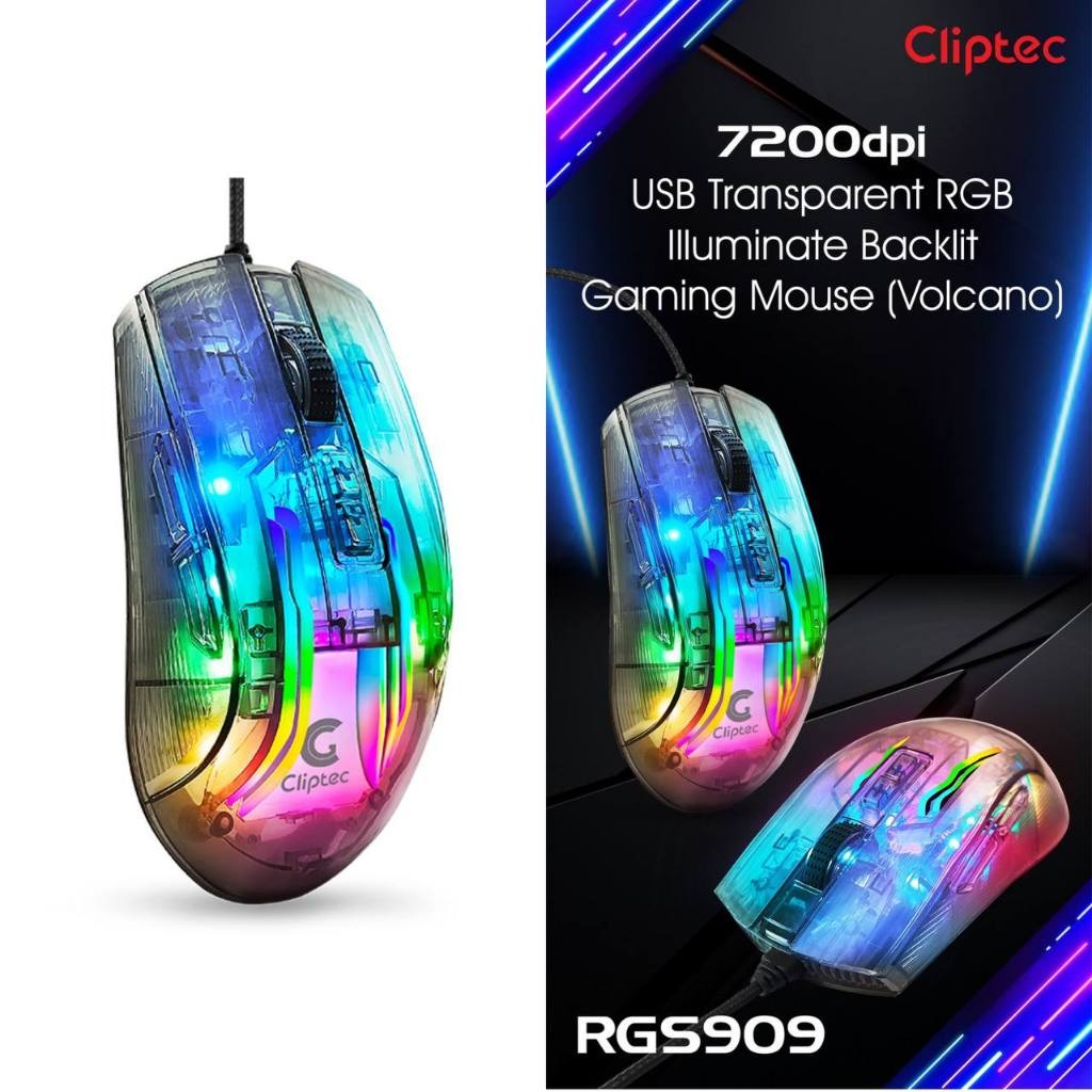 CLIPTEC RGS909 USB 7200DPI TRANSPARENT RGB ILLUMINATE BACKLIT GAMING ...