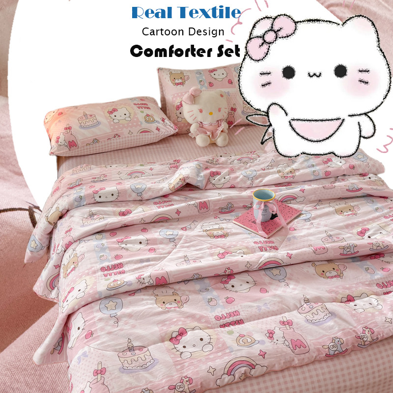 Hello Kitty Comforter Set | Pink Cartoon 4-in-1 (Single/King Saiz Katil ...