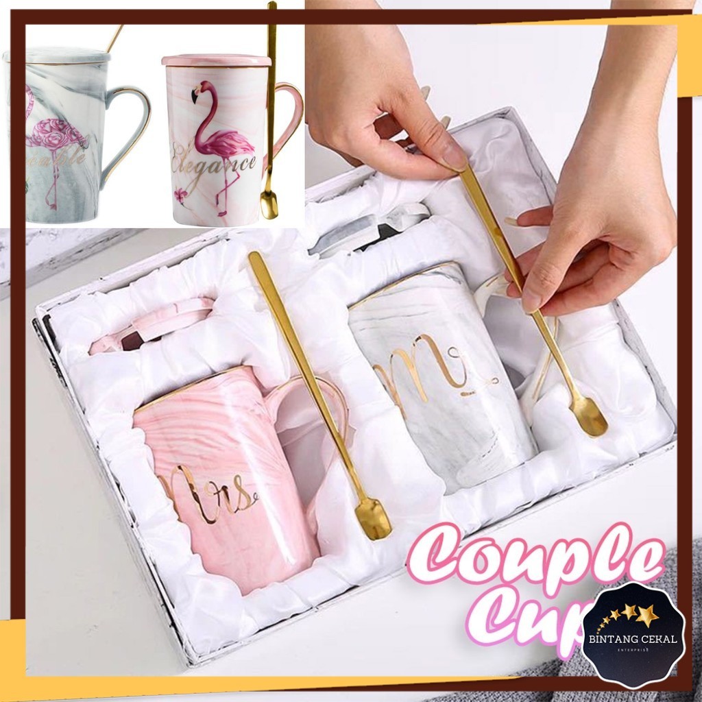 BC Ceramic Mug Printed Marble Couple 400ml Mr & Mrs Flamingo Design ...