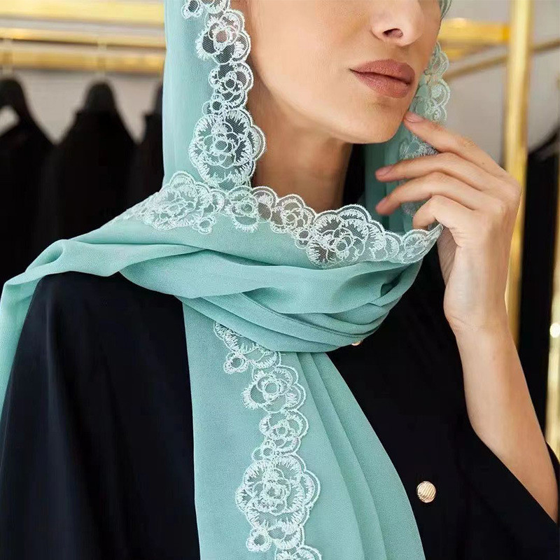 Luxury Chiffon Lace Tudung Hijab Scarf 72x172cm Bubble Solid Muslimah ...