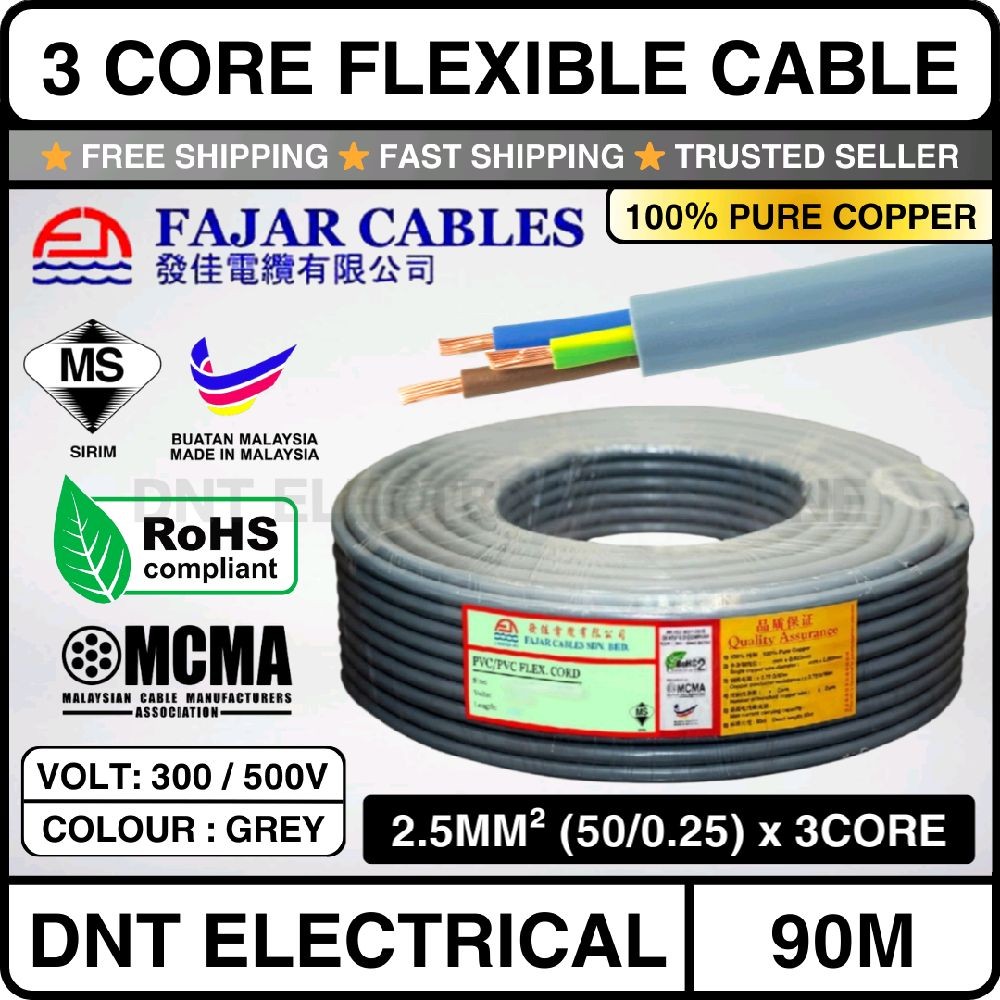 Sirim (100% Pure Copper) 2.5MM FAJAR 3 Core Flexible Cable Core | Fajar ...