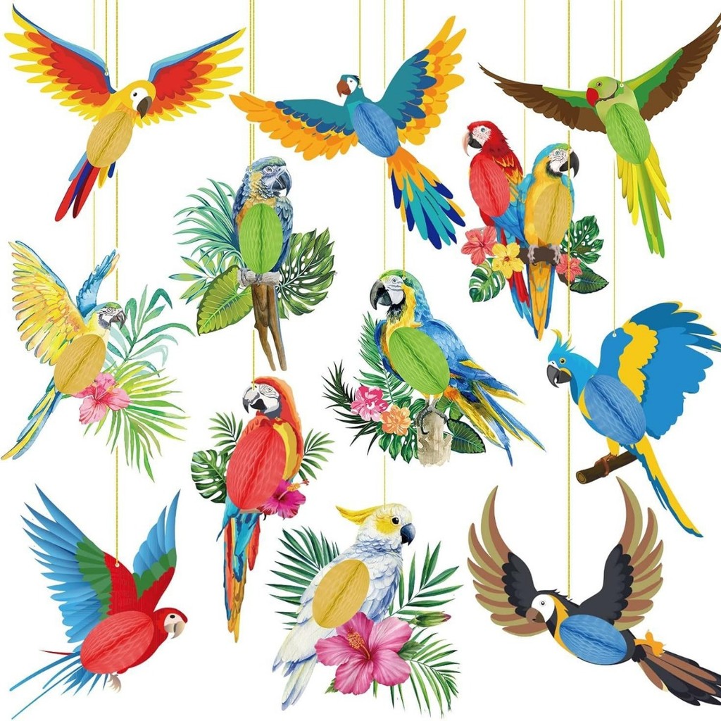 12Pcs/set Wooden Flat Tropical Bird Parrots Hawaiian Theme Tropical ...