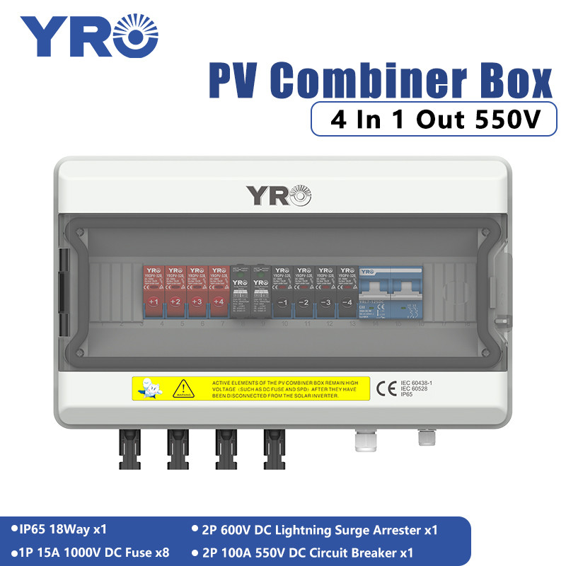 PV Combiner Box 4 input 1 output DC550V Solar Photovoltaic With Lightning Protection Fuse MCB ...
