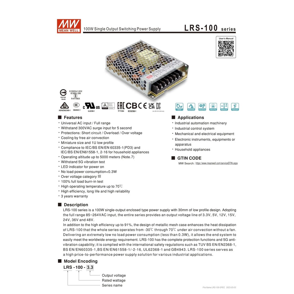 MEAN WELL LRS-100 LRS-100-5 LRS-100-12 LRS-100-15 LRS-100-24 LRS-100-36 ...