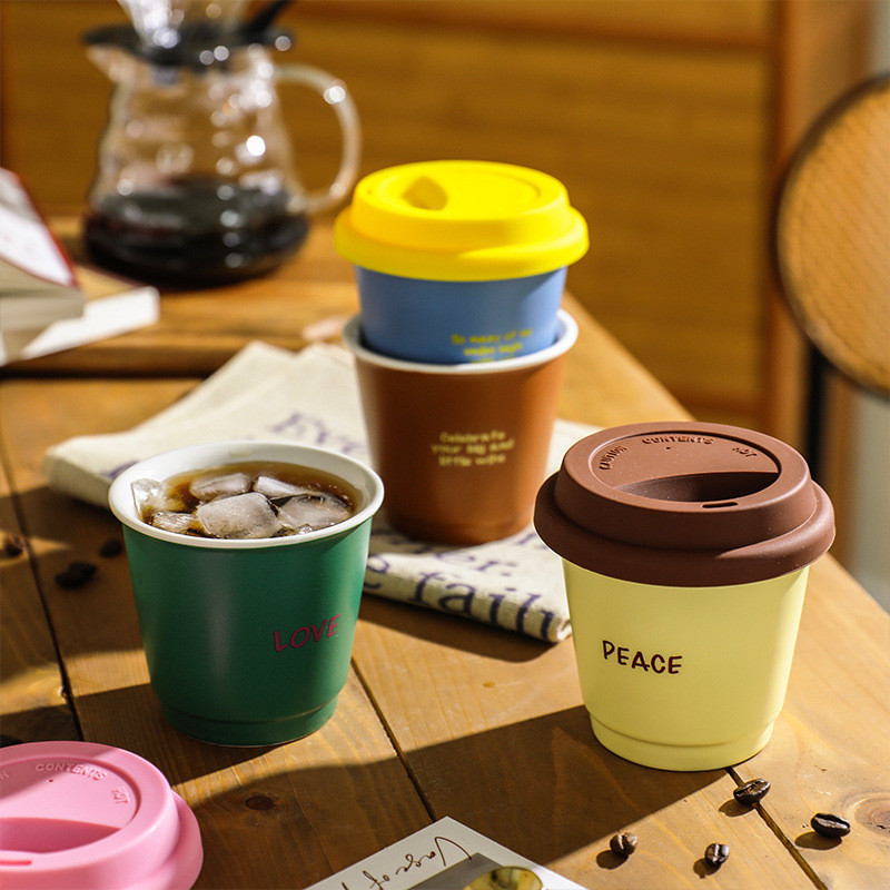 Dopamine Contrast Color Ceramic Cup with Lid Cute Portable Travel ...