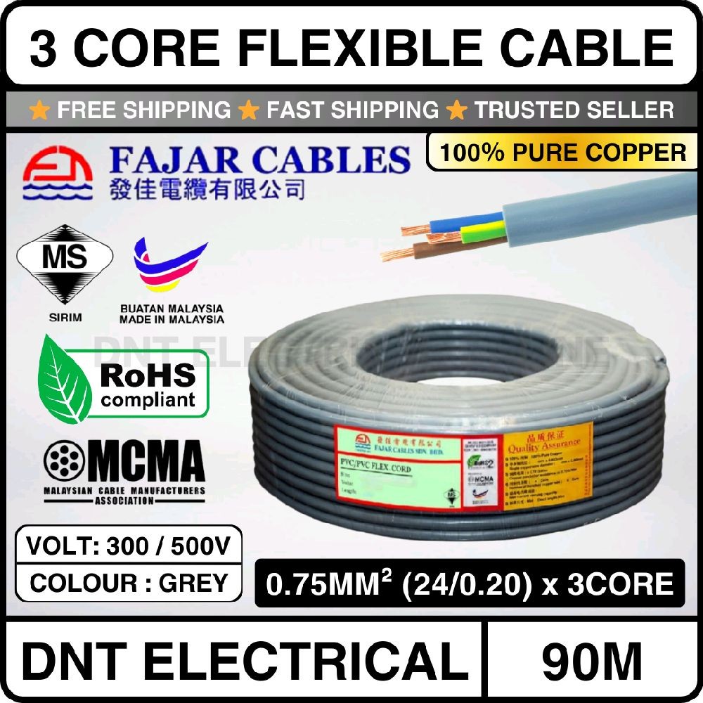 Sirim (100% Pure Copper) 0.75MM FAJAR 3 Core Flexible Cable Core | Fajar Cable Wire Wayar | PVC ...