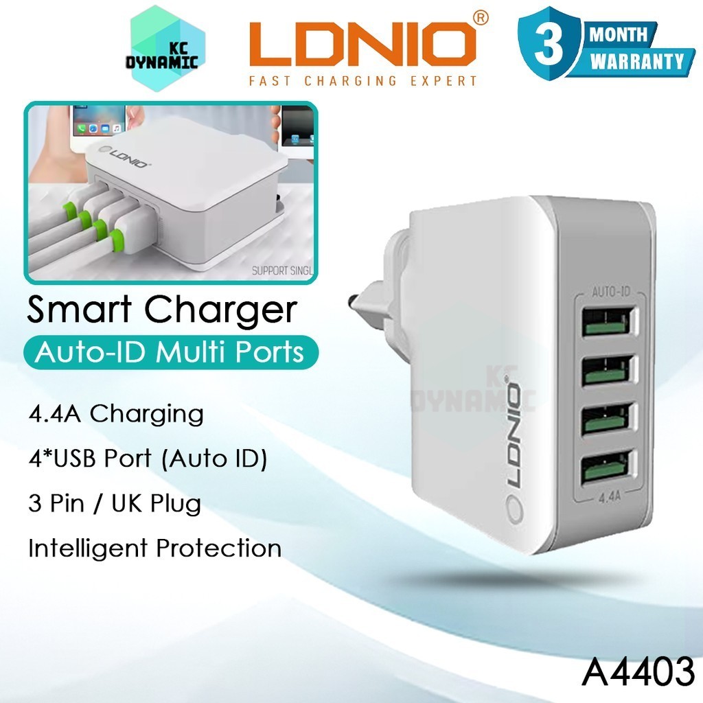 LDNIO A4403 4.4A Charger 4 USB Adaptor Auto ID Multi Ports USB Charger UK Wall Charger Wall ...
