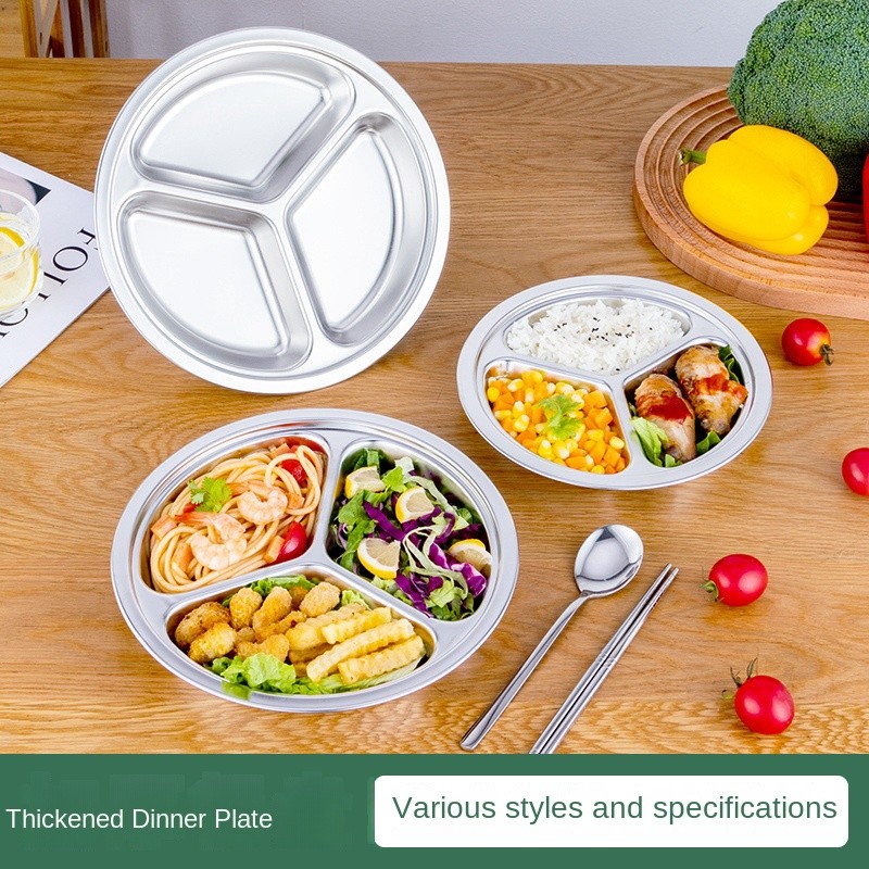 Thickened Round Fast Food Plate Stainless Steel Compartment Three ...
