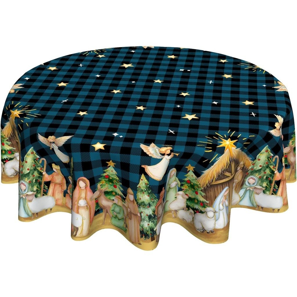 Kelahiran Krismas 60 inci Alas Meja Bulat Kerbau Biru Kotak-kotak ...