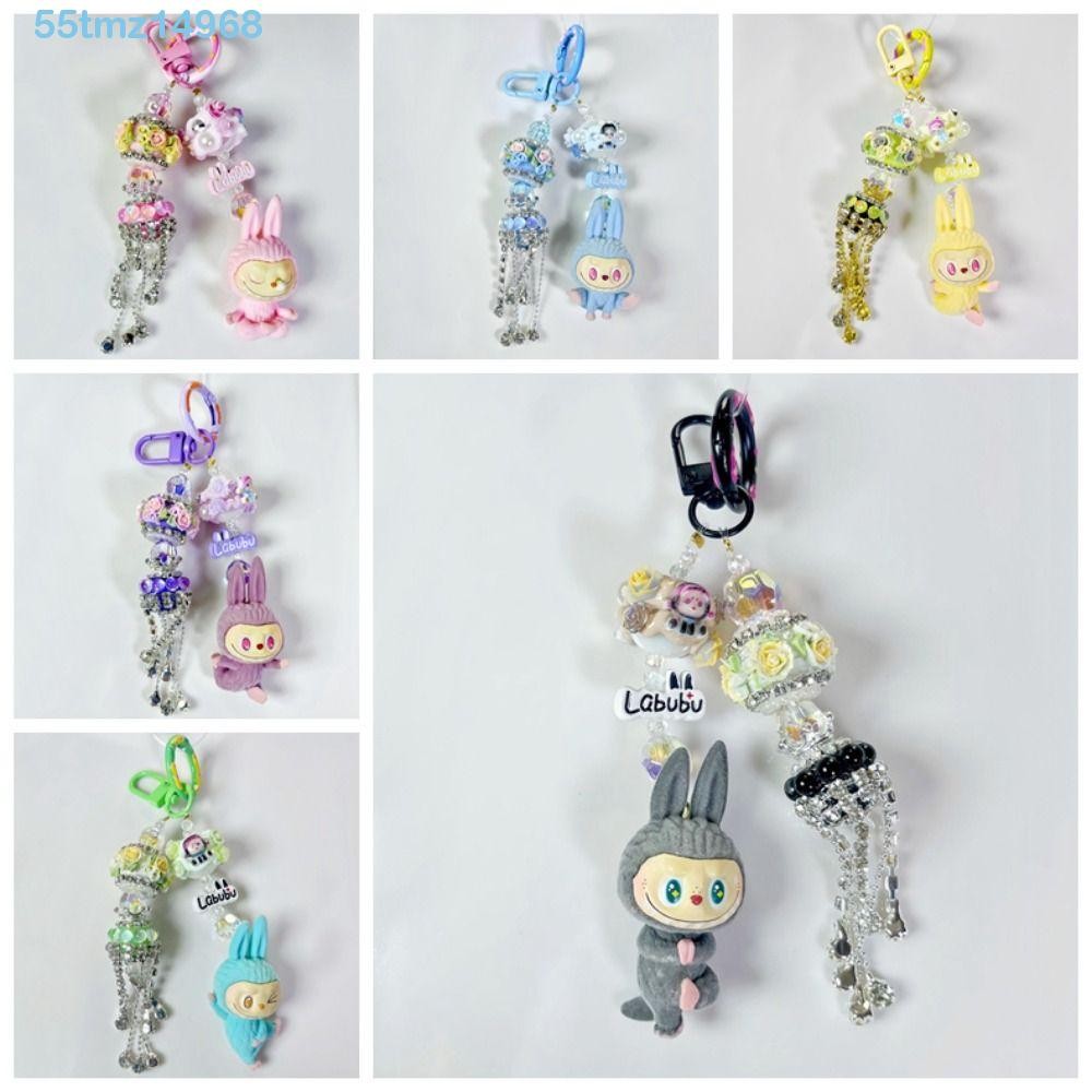 TMZ1 Flocking Labubu Key Ring, Tassels Pop Mart Sit Down Labubu Pendant ...