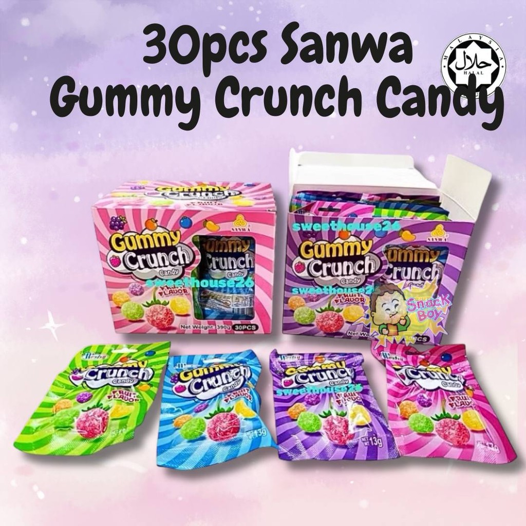 30pcs x 13g Sanwa Gummy Crunch Mix Fruit Flavour Candy Halal sour ...