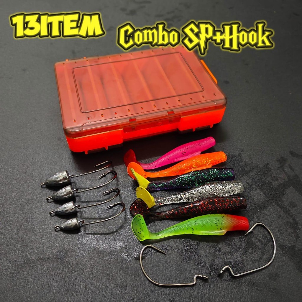 Combo 13Item Soft Plastic 8cm Tackle Box Leadhead Hook Free 2 Weedless ...