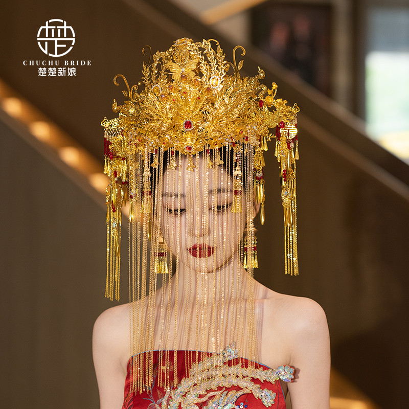 Chinese Wedding Xiuhe Headdress Red Gold Face Curtain Phoenix Crown ...