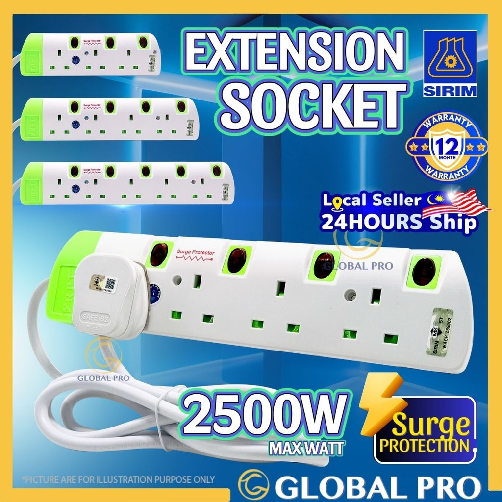 SIRIM 2/5MTR Trailing Socket Plug Surge Protection Extension Penyambung ...