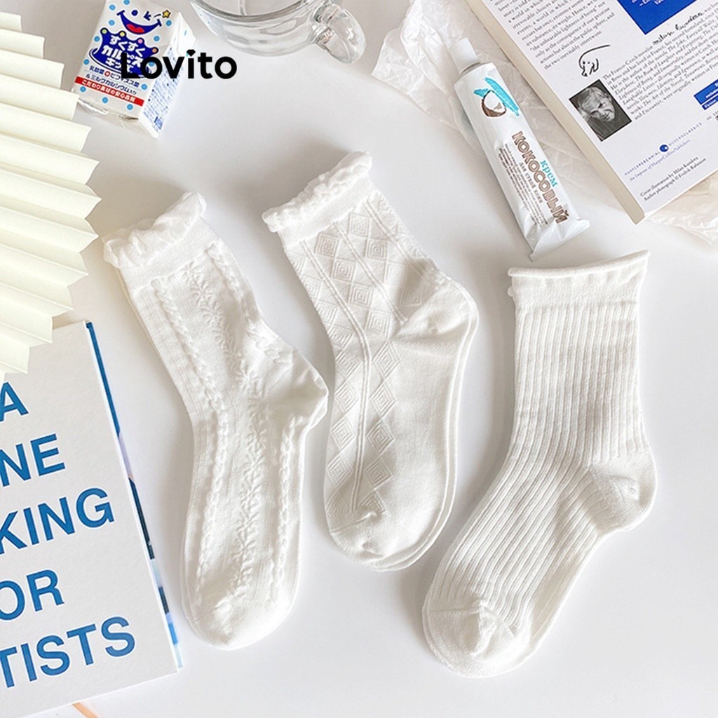 Lovito Casual Plain Cotton Socks for Women LNA23010 (Curling/Plaid ...