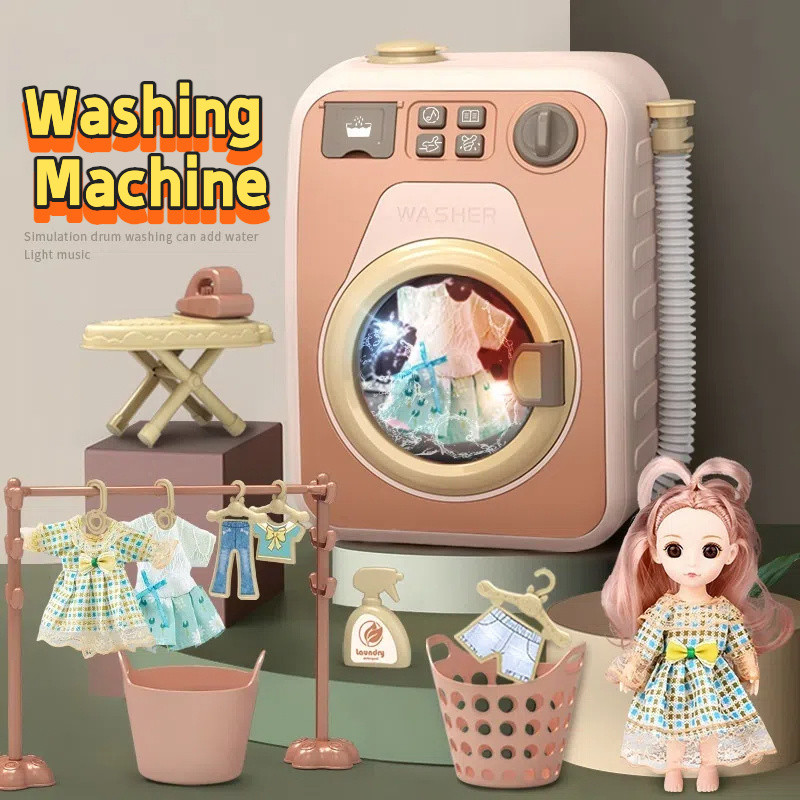 Child Washing Machine Toy Clothes Dress Up Doll Set Electric Mini Drum ...