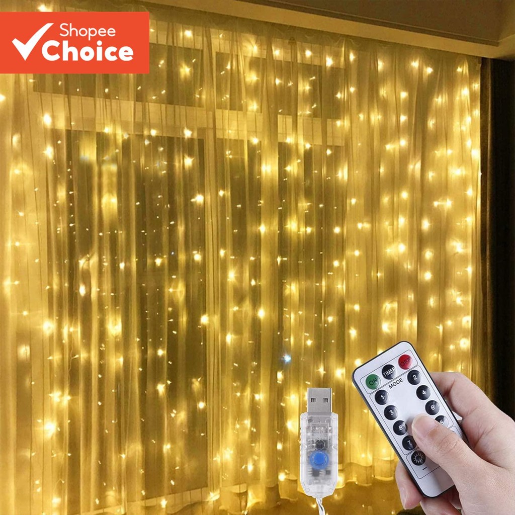 3M 300 LED Window Curtain String Light 8 Lighting Modes USB String ...
