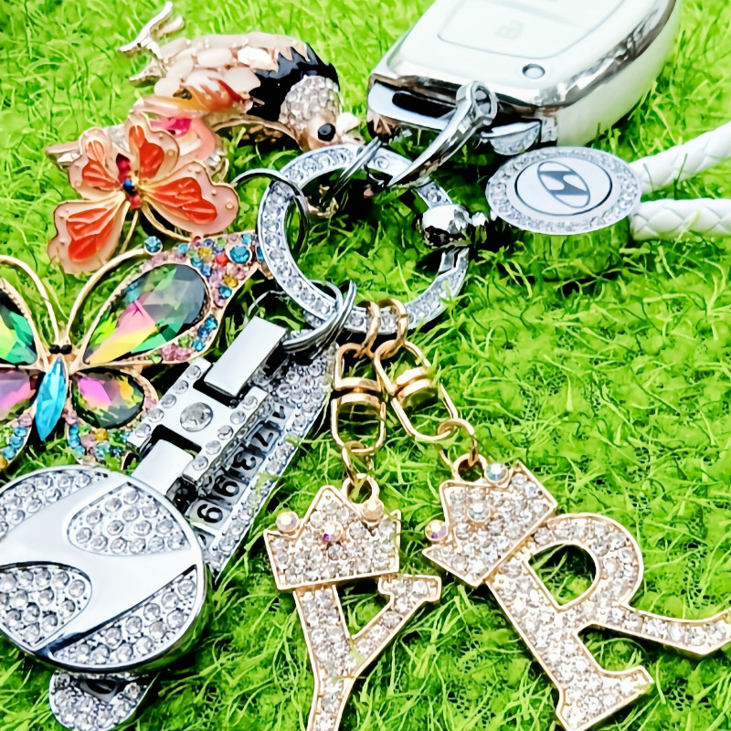 26 Letters Rhinestone Female Key Chain Charm Crystal Crown Metal ...
