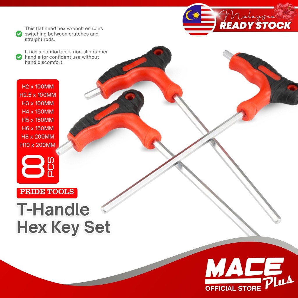PRIDE TOOLS T-Handle Hex Key 8PCS Set Wrench Flat Head Hexagon Wrench ...