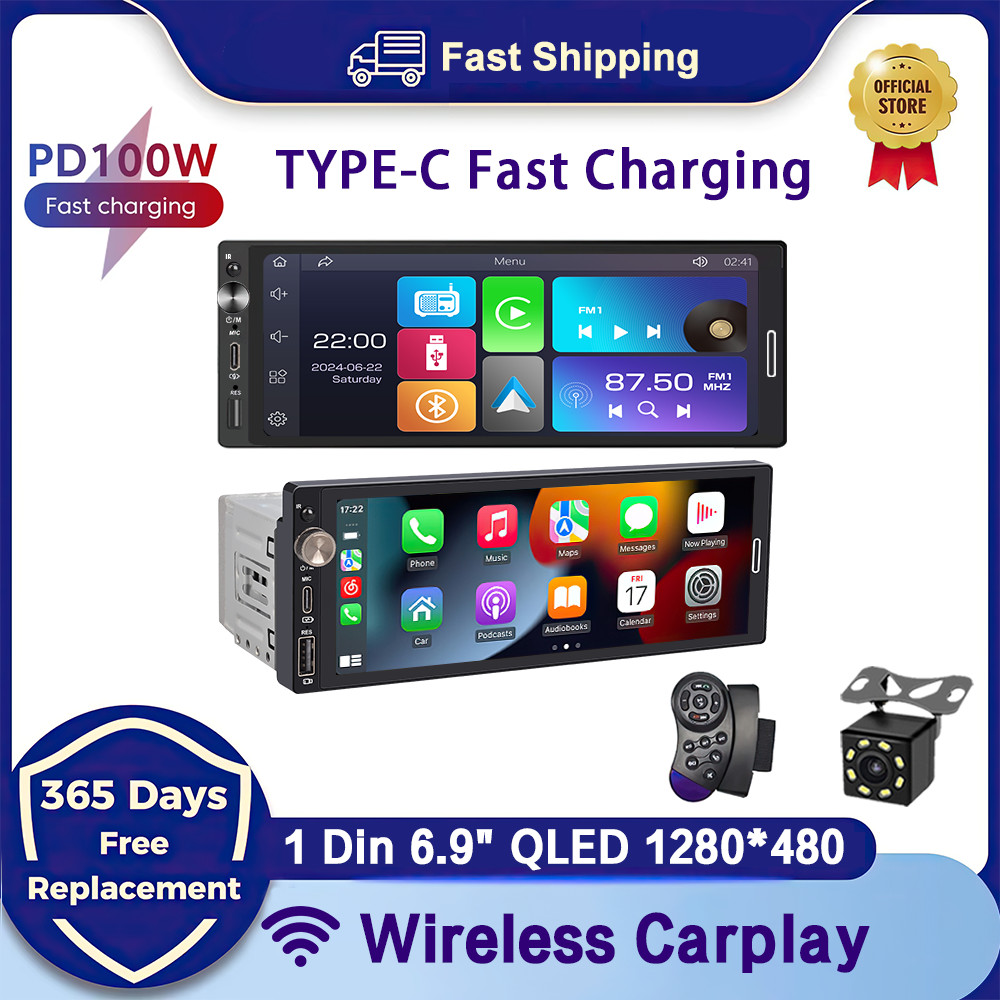 Universal 1Din 6.9" Wireless CarPlay Android Auto 1 Din Car Radio ...