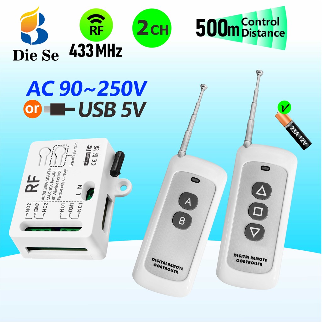 2 Way RF 433MHz Wireless Switch with Remote Control Relay Module, AC 90 ...
