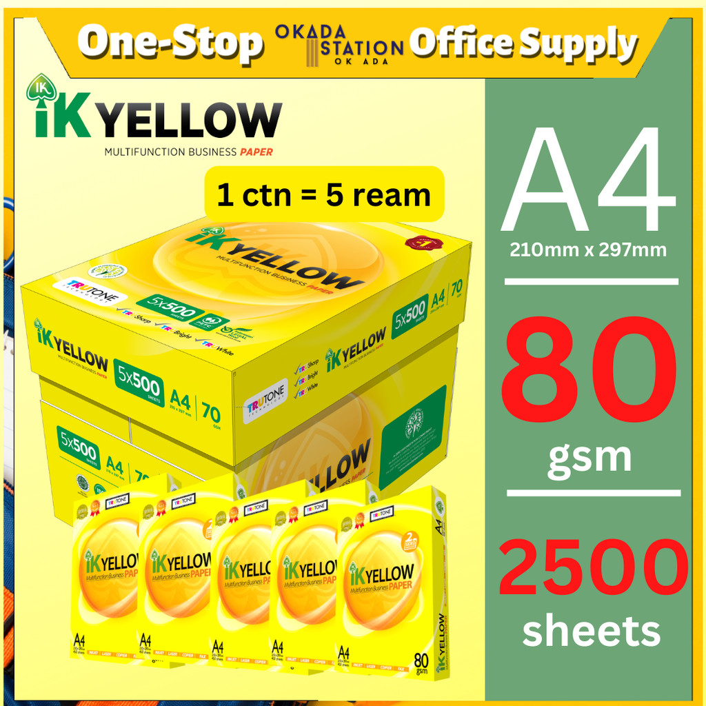 A4 80GMS IK YELLOW PAPER- 2500'S / 1 carton 5 Ream INDAH KIAT / Kertas ...