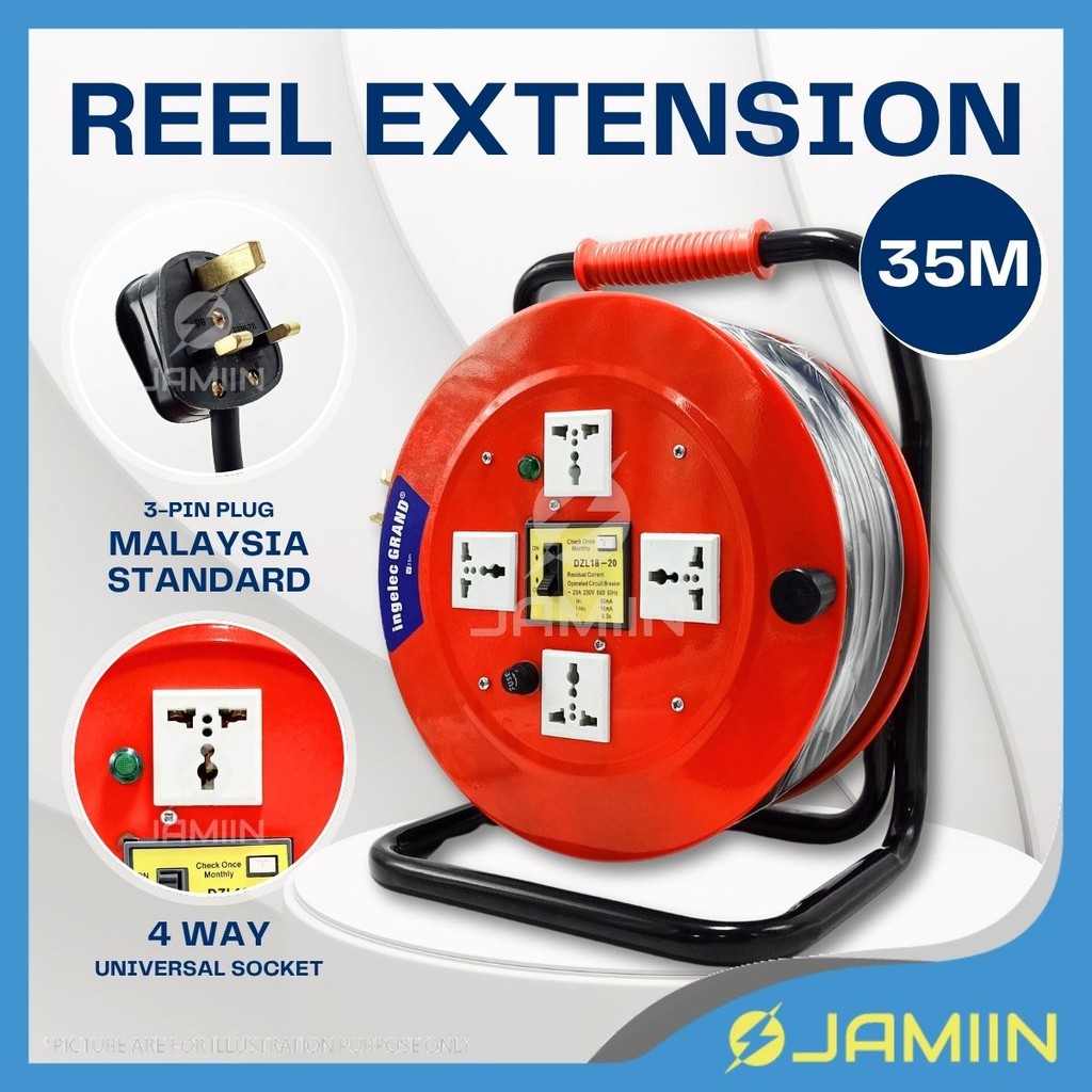[35MTR] Universal Socket Cable Reel Extension Cord Extension Heavy Duty ...