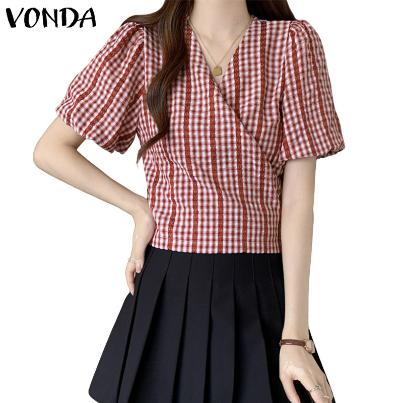VONDA Women Korean Girlish Style V Neck Puff Sleeve Checkered Print ...