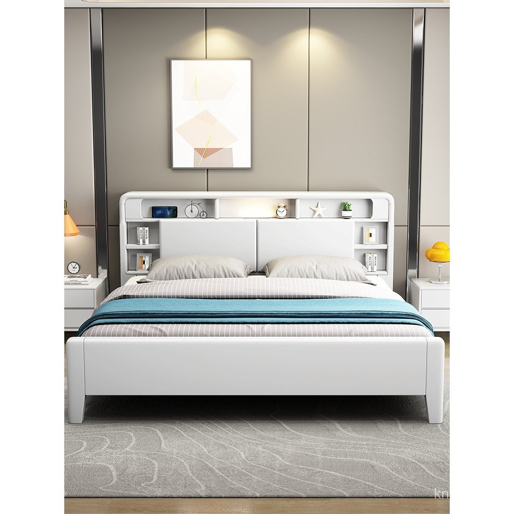 Katil Kayu Pepejal Minimalis Moden 1.8m Katil Double dengan Lampu Malam ...