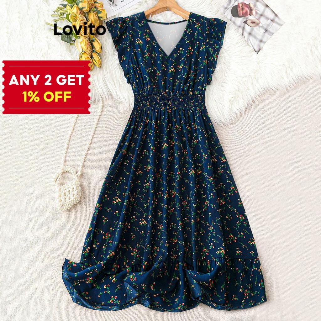 Lovito Plus Size Curve Casual Dress Summer/Spring Floral Ruffle Smocked ...
