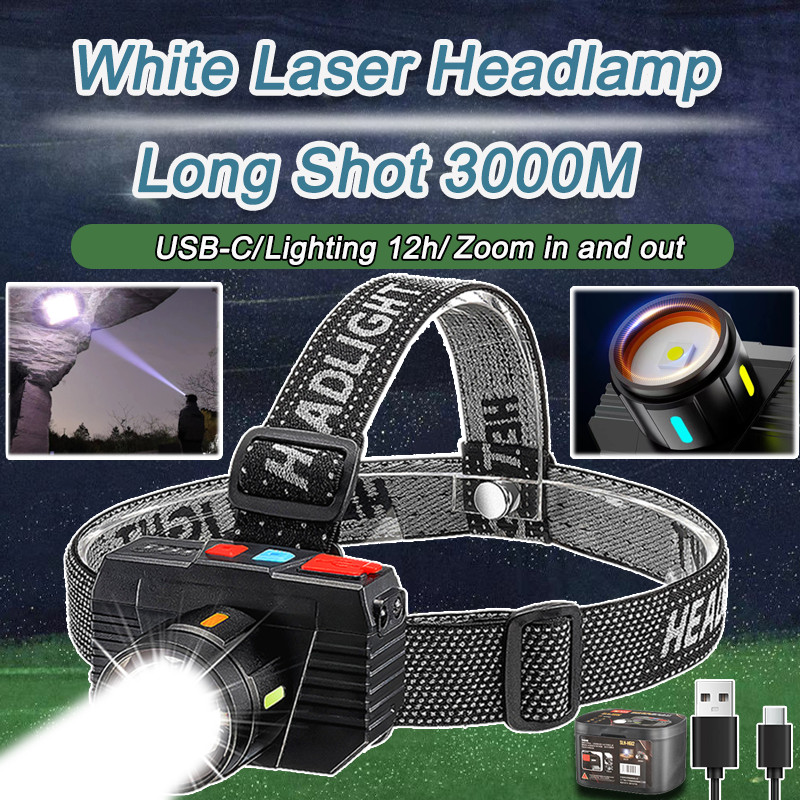 3000W White Laser Metal Head Lamp USB Rechargeable Lampu suluh kepala ...