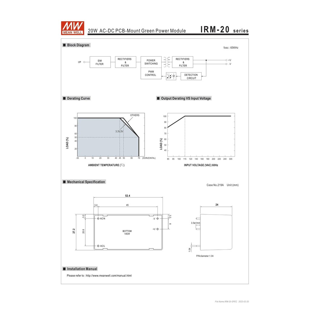 MEAN WELL IRM-20 AC-DC PCB-Mount Green Power Module 3.3V 5V 12V 15V 24V ...