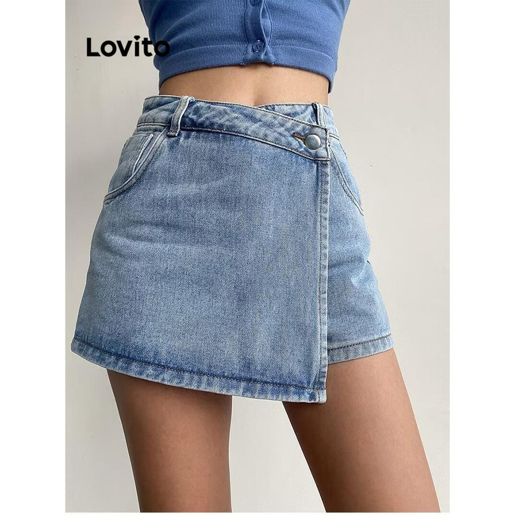 Lovito Casual Denim Shorts Plain Fake 2 In 1 Asymmetrical Pocket Denim ...