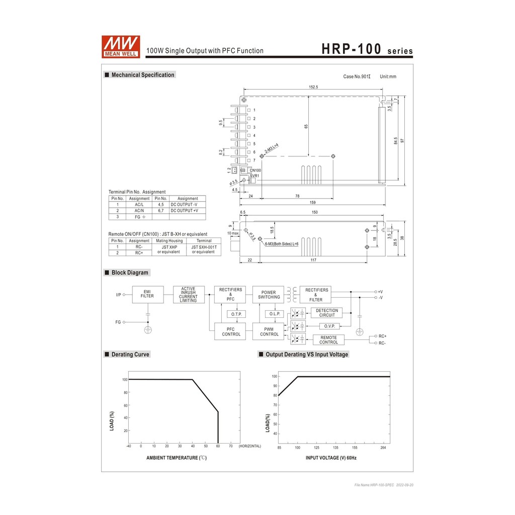 MEAN WELL HRP-100 HRP-100-12 12V 8.5A 100W Single output with PFC function switching power ...