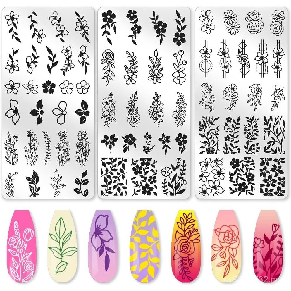 3Pcs Set Plat Setem Kuku Bunga Anggur Daun Bunga Mawar Daisy Templat ...